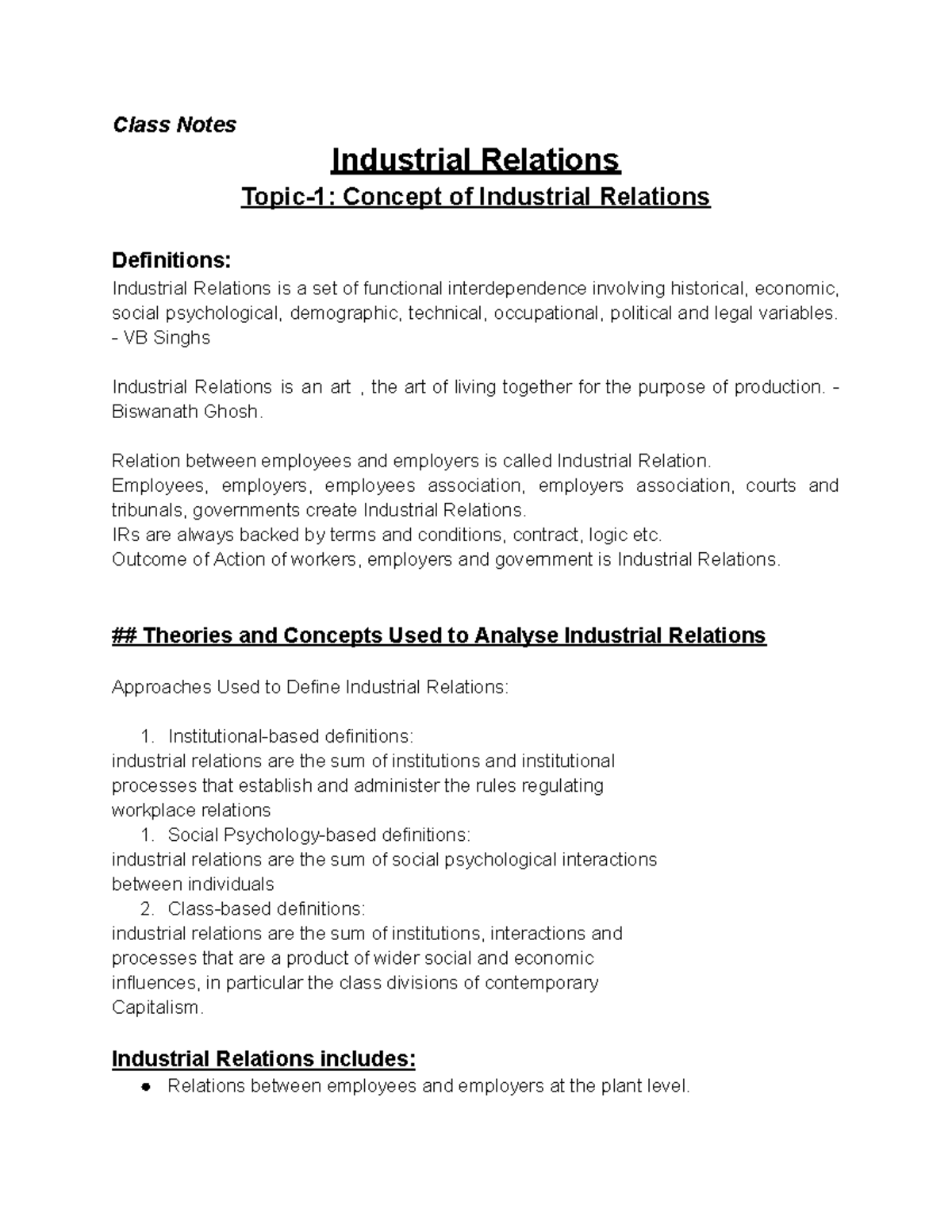 IRs Class Notes - Class Notes Industrial Relations Topic-1: Concept of ...