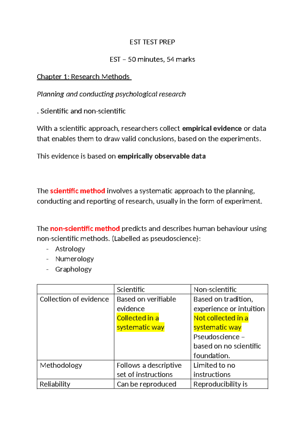 GTPSY EST TEST prep - EST TEST PREP EST – 50 minutes, 54 marks Chapter ...