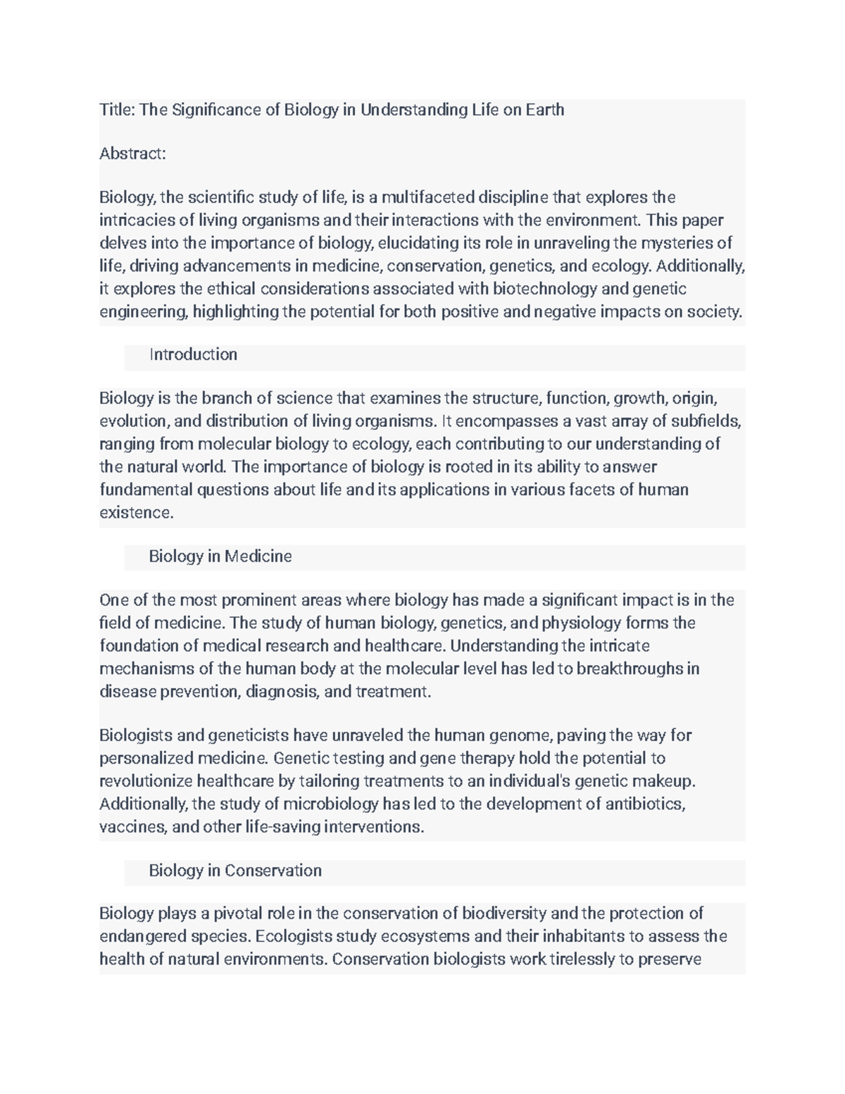 The Significance of Biology in Understanding Life on Earth - Title: The ...