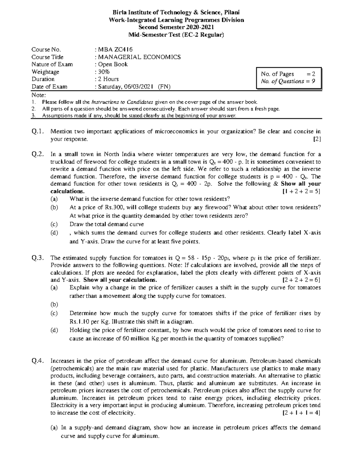 ME First Paper - Birla Institute of Technology & Science, Pilani Work-Integrated Learning - Studocu