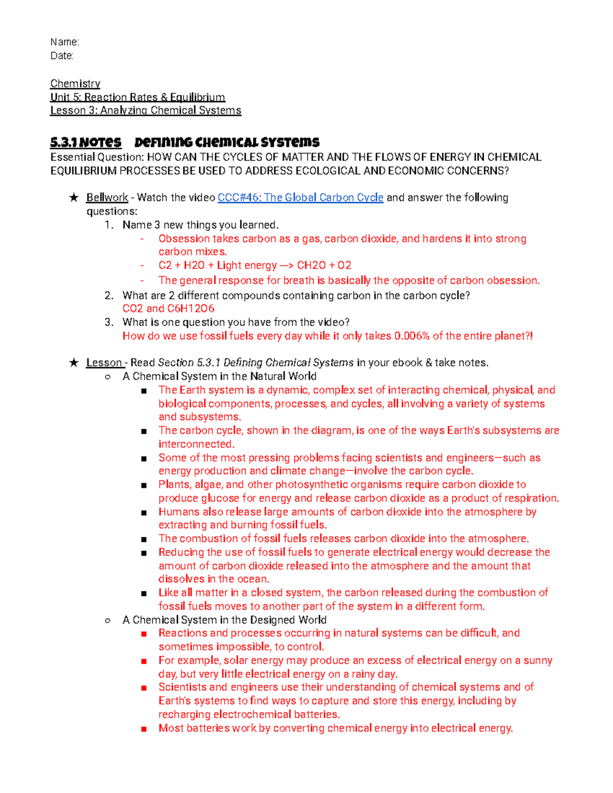 5.3.1 Notes - Name: Date: Chemistry Unit 5: Reaction Rates ...