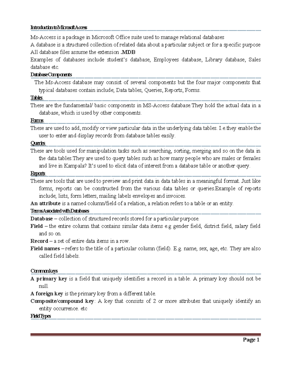 MS Acess notes - Introductionto MicrosoftAccess Ms-Access is a package ...