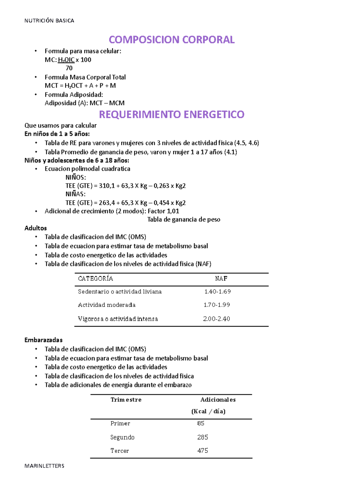 Datos rapidos - Resumen Nutrición - NUTRICIÓN BASICA COMPOSICION CORPORAL • Formula para masa ...