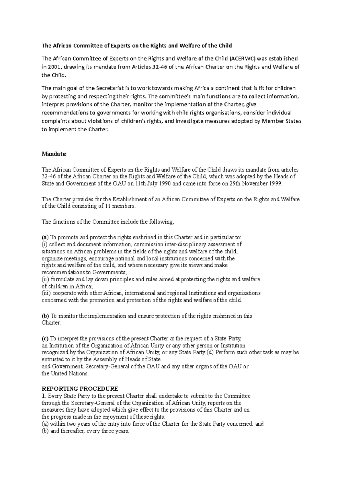 African Committee OF Experts - The main goal of the Secretariat is to ...