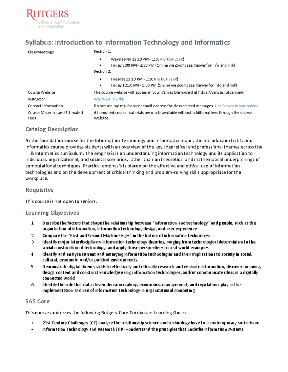 189 103 Intro. to IT and Informatics - Warren Allen - Syllabus ...