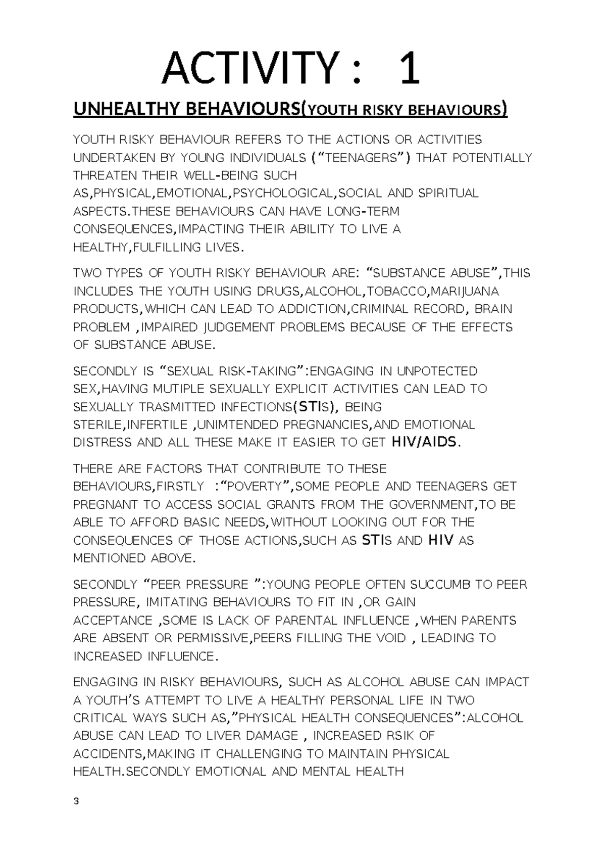 Activity 1 - grade 11 life orientation notes on risky behaviours ...