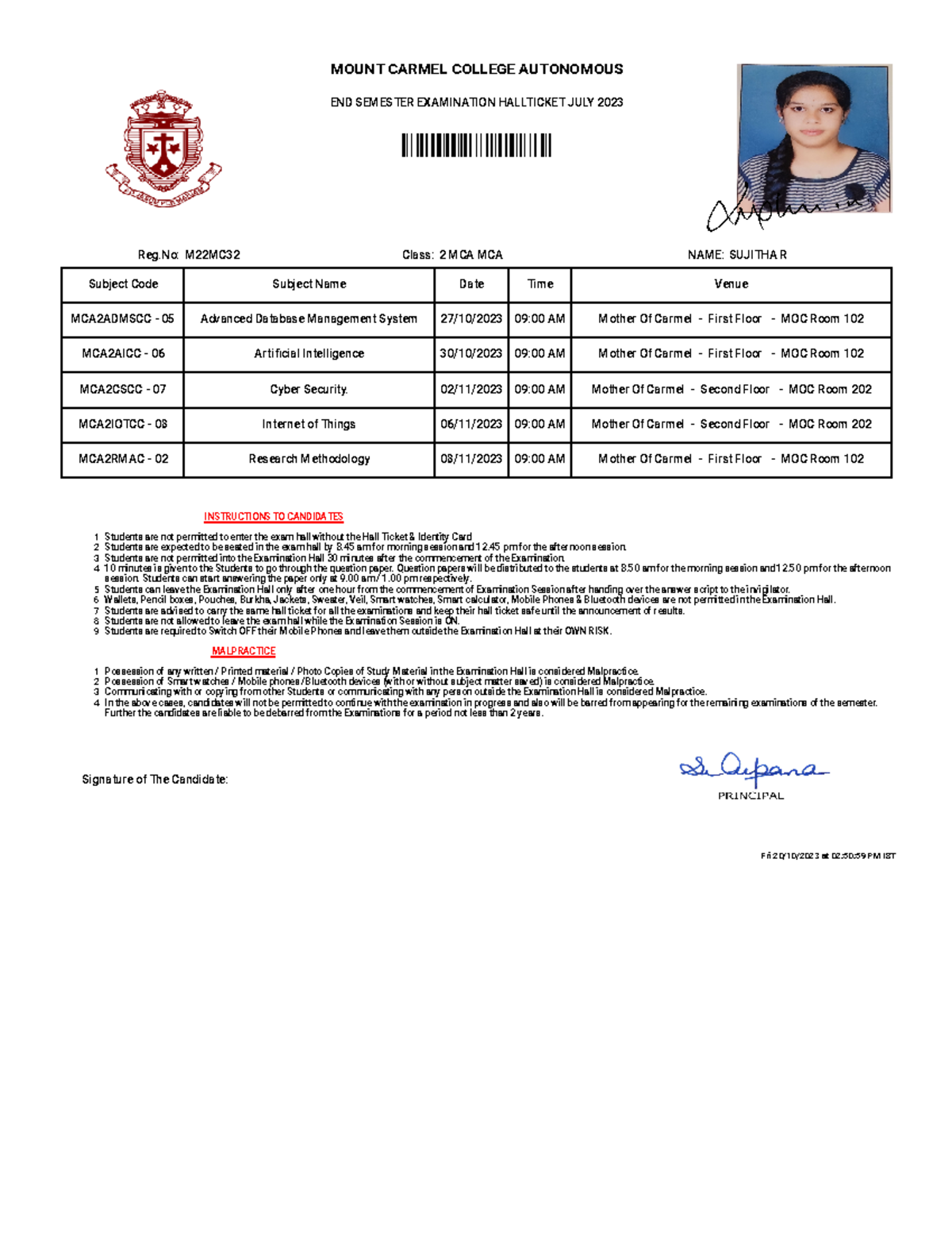 MCA 2ND SEM Hall Ticket - MOUNT CARMEL COLLEGE AUTONOMOUS END SEMESTER ...