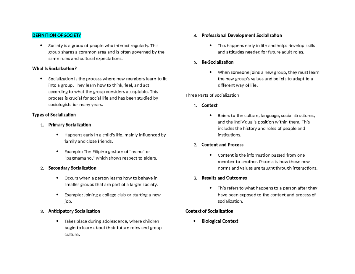 UCSP Reviewer - notes for UCSP - DEFINITION OF SOCIETY Society is a ...