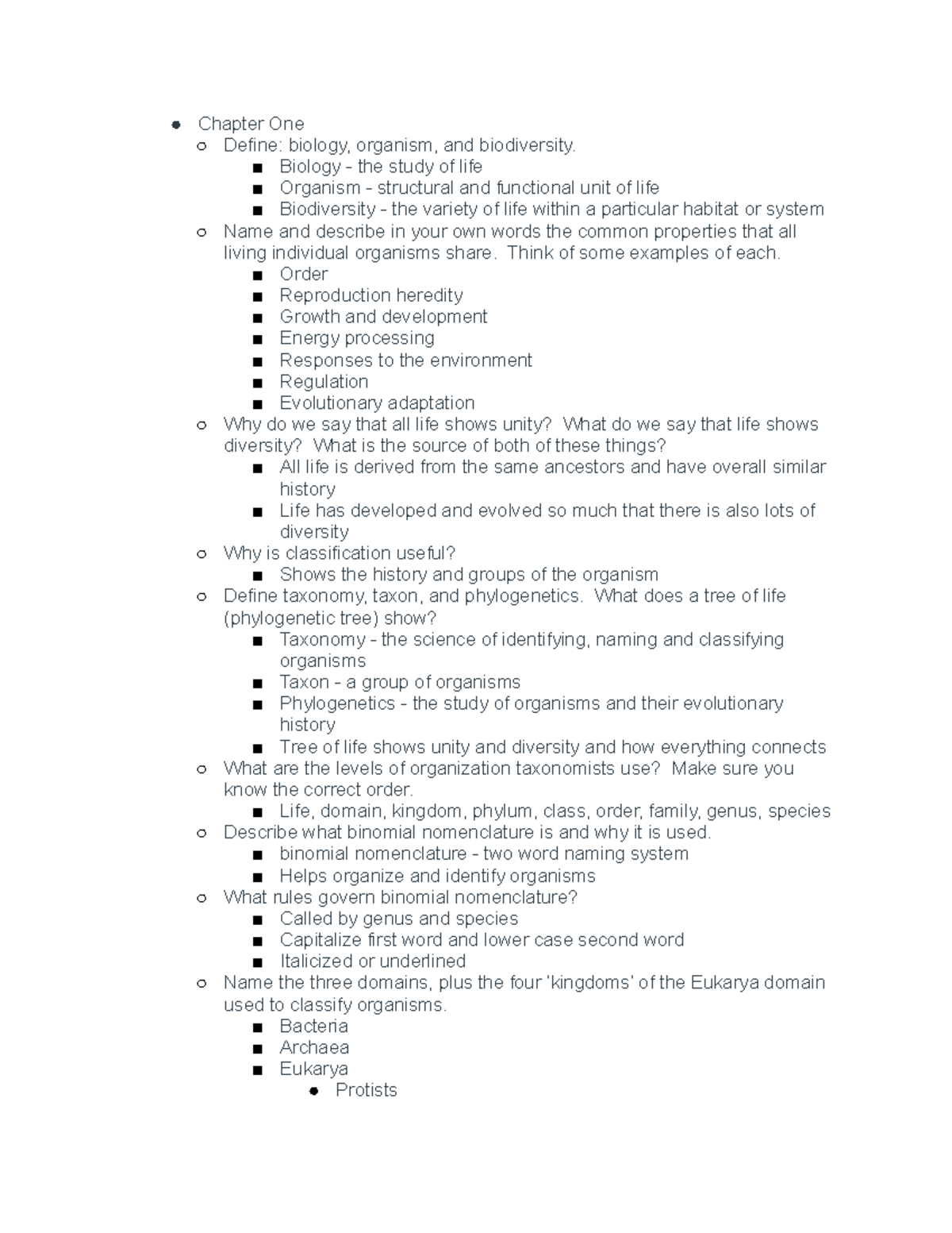 BIO Review Questions - Chapter One Define: biology, organism, and ...