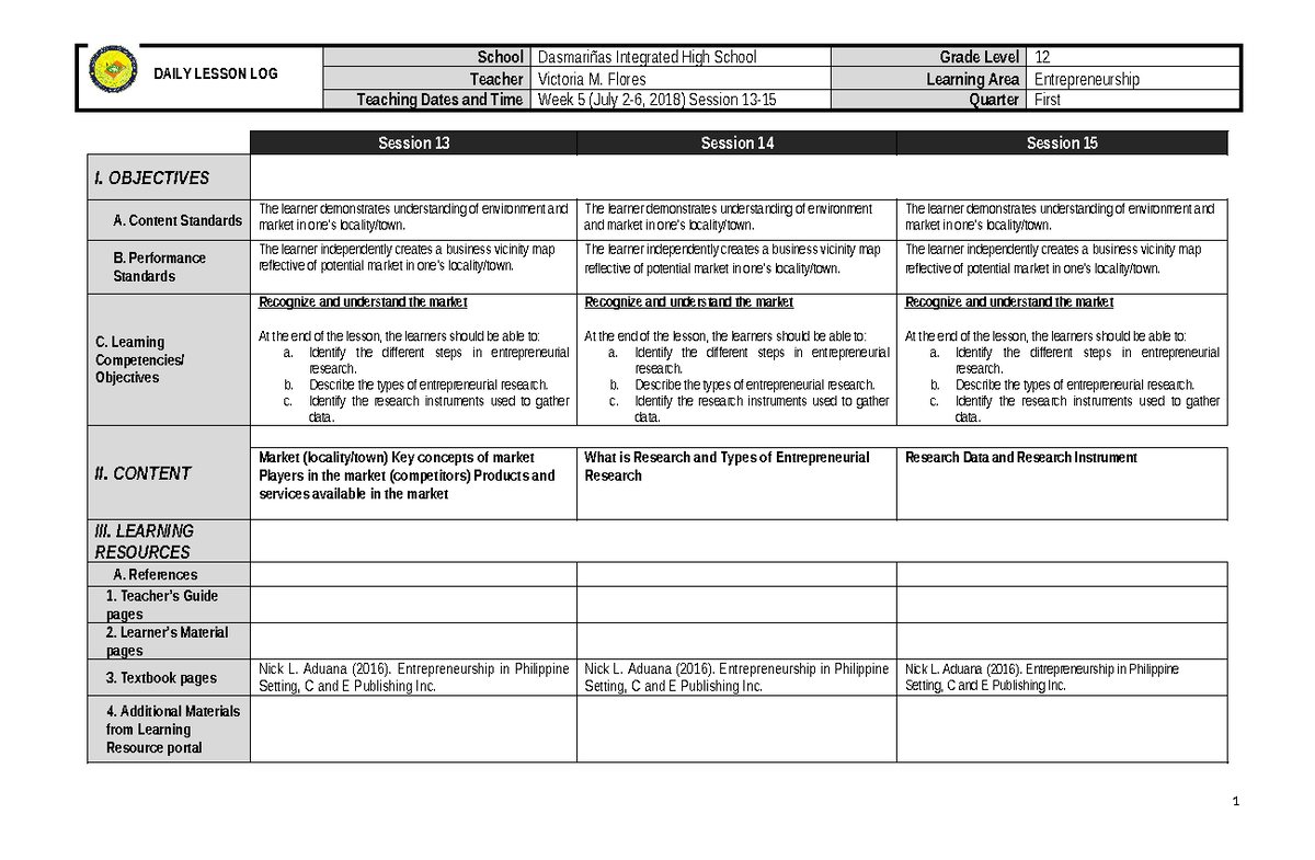 DLL Entrep WEEK - DAILY LESSON LOG School Dasmariñas Integrated High ...