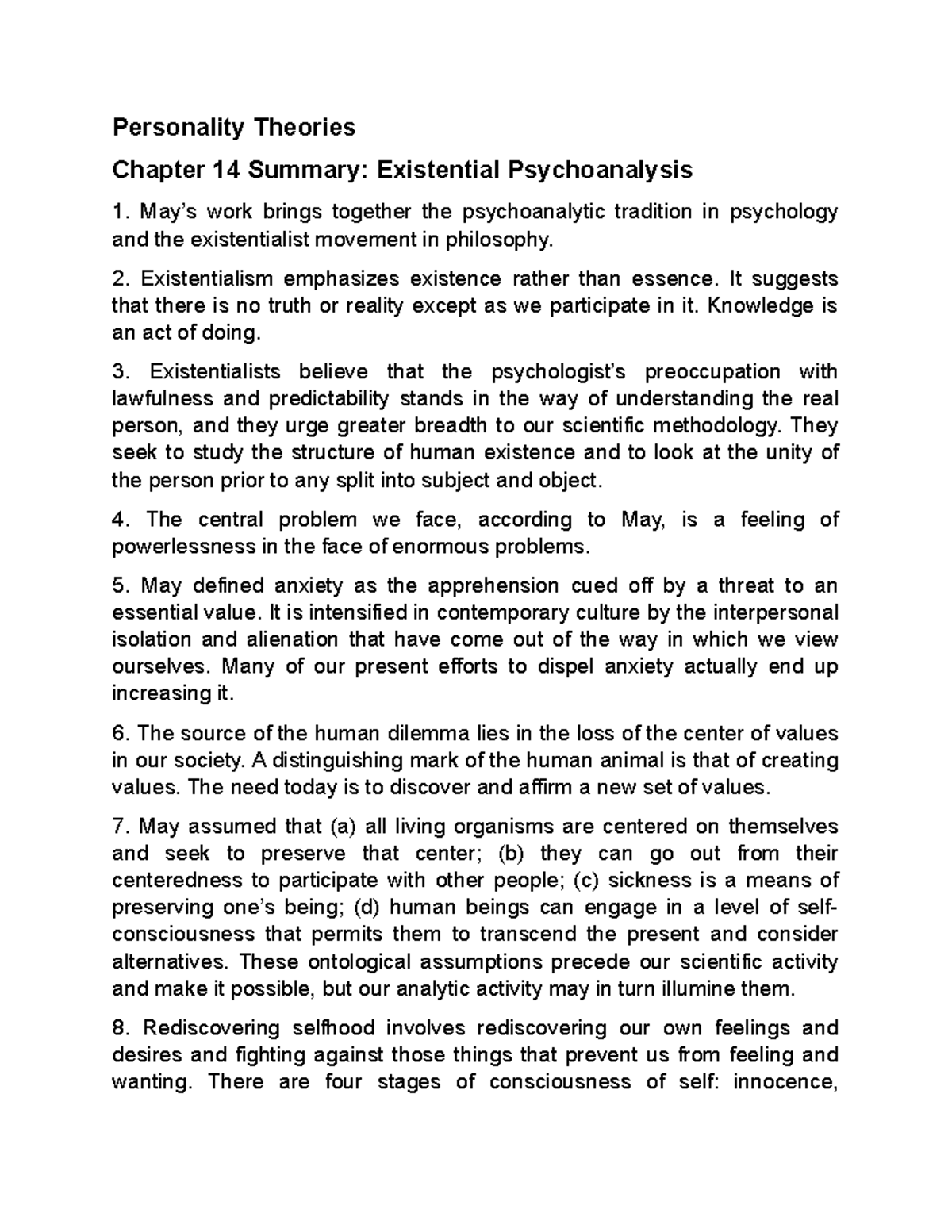 Existential Psychoanalysis - Personality Theories Chapter 14 Summary ...
