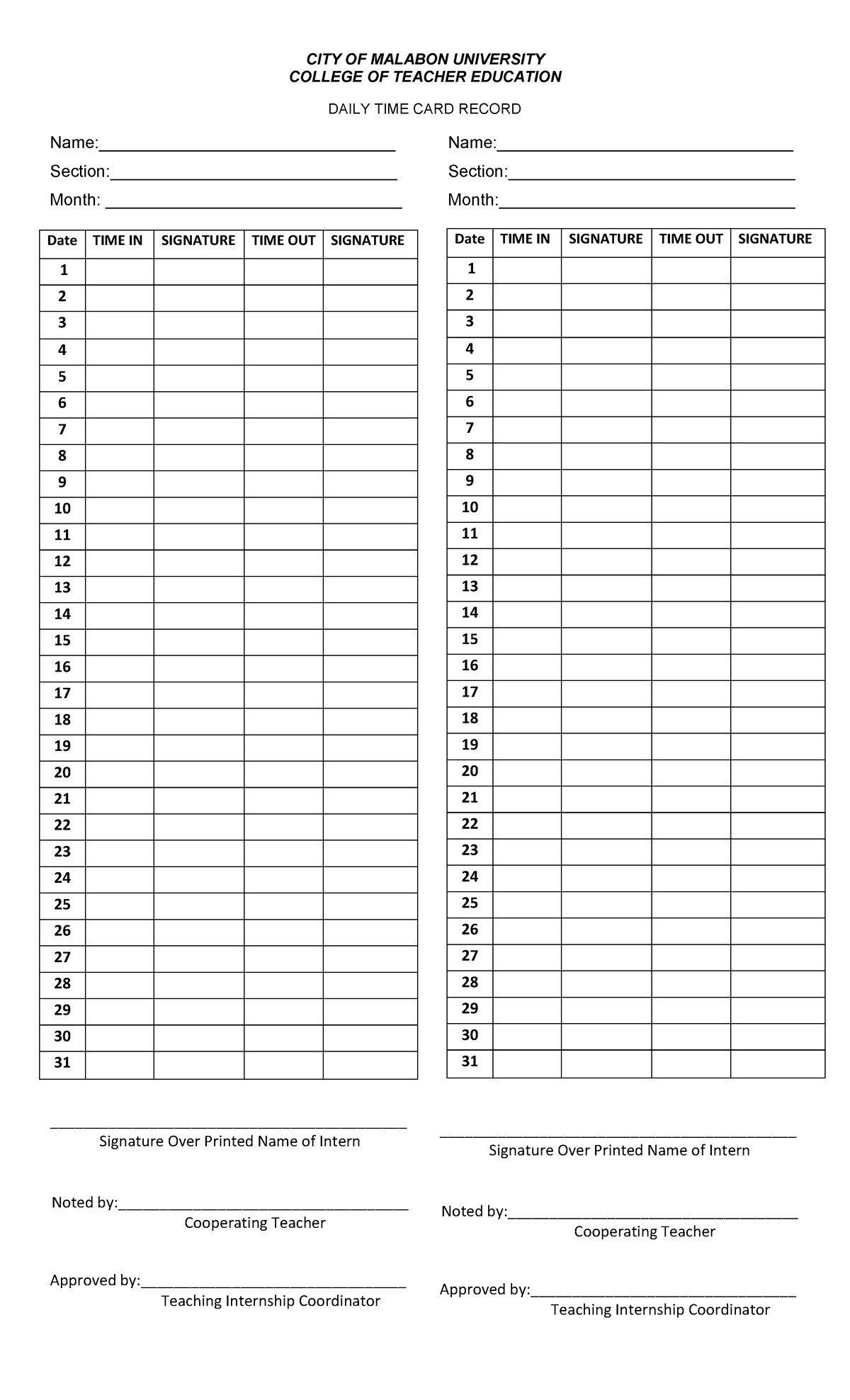 NEW-DTR - dtr template - CITY OF MALABON UNIVERSITY COLLEGE OF TEACHER ...