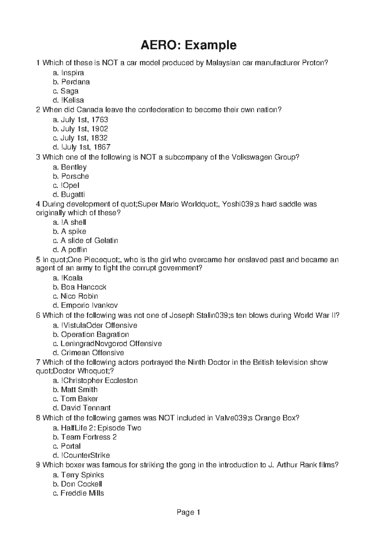 AERO168 Quiz 4 - AERO: Example 1 Which of these is NOT a car model ...