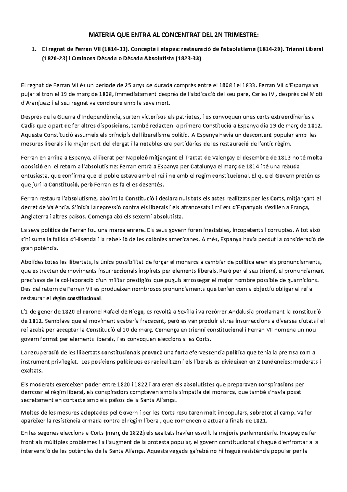 H.E 2N Concentrat - hist - MATERIA QUE ENTRA AL CONCENTRAT DEL 2N TRIMESTRE: El regnat de Ferran ...