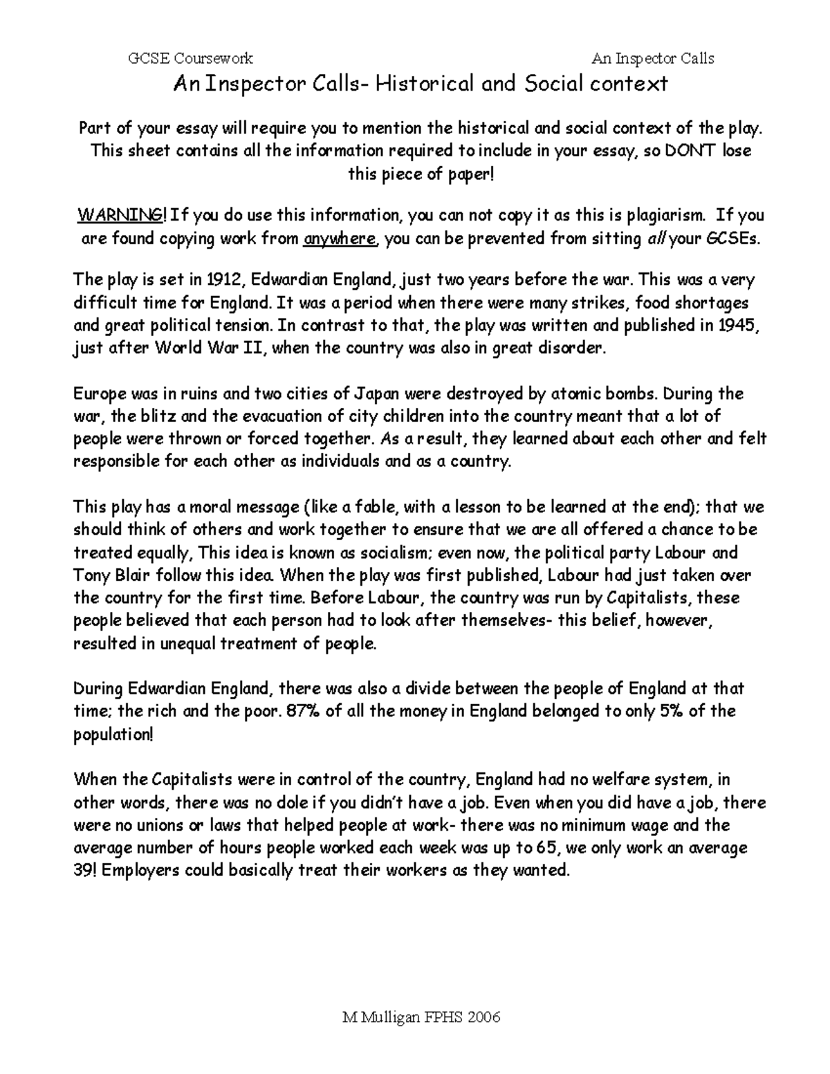 An Inspector Calls Historical and Social context-1 - GCSE Coursework An ...