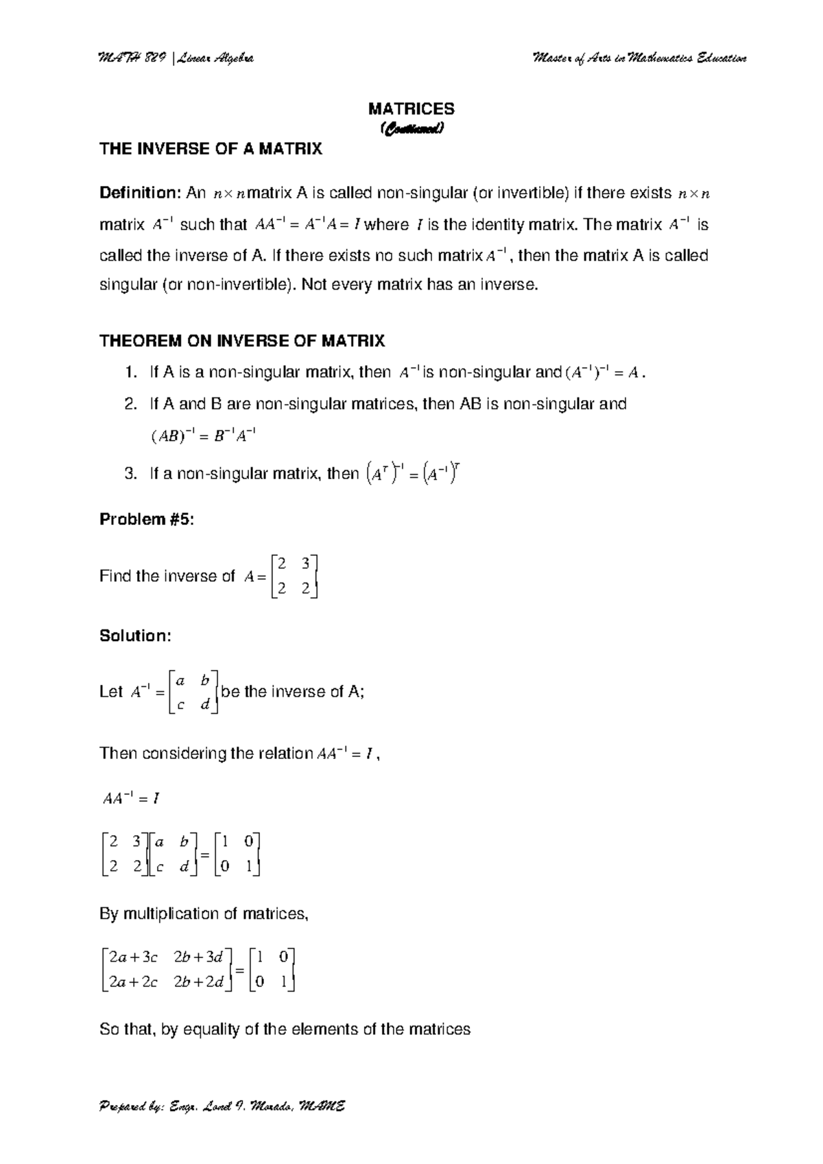 Chapter-I Matrices continued - MATRICES (Continued) THE INVERSE OF A ...