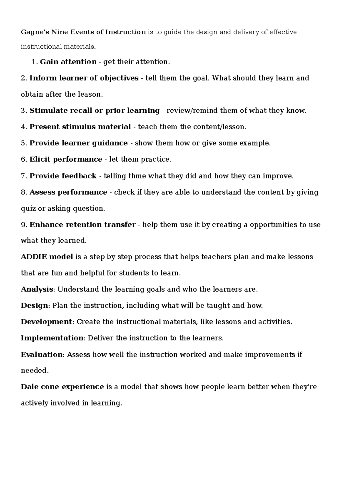 reviewer for educ 85 - Gagne's Nine Events of Instruction is to guide ...