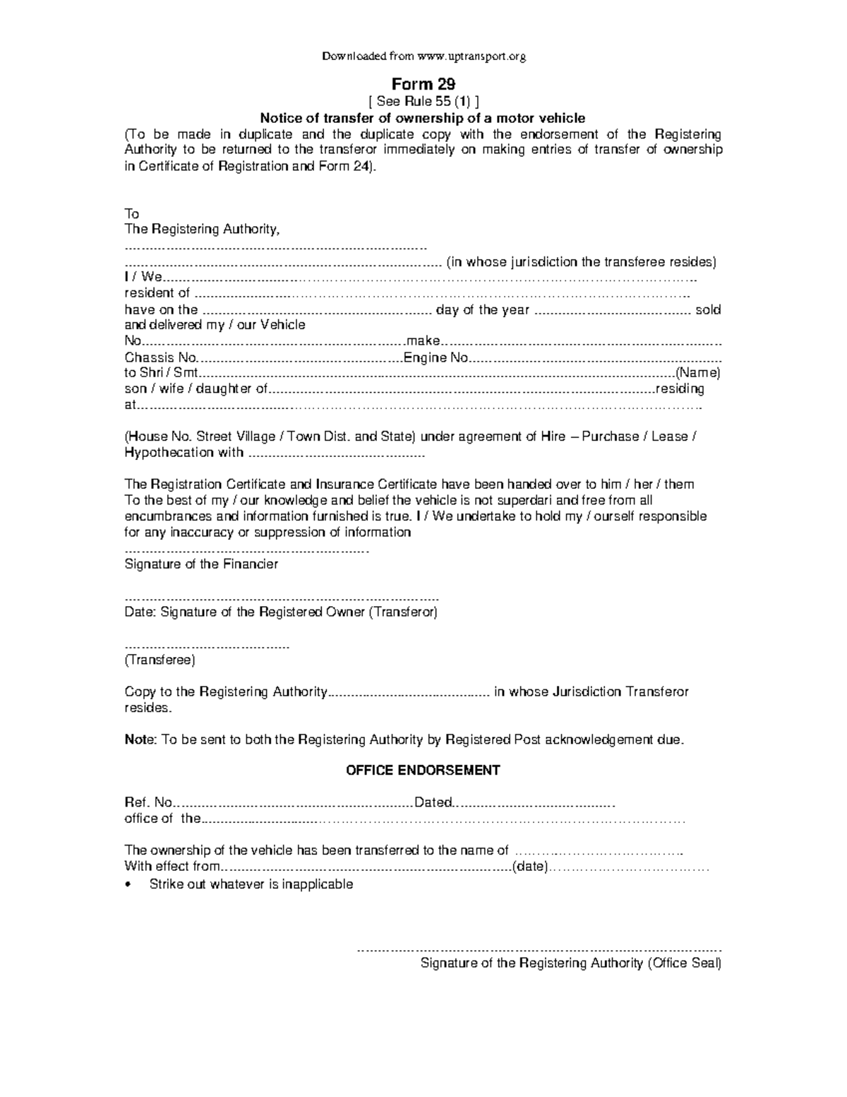 Form29 - For Vehicle transfer - Downloaded from uptransport Form 29 ...