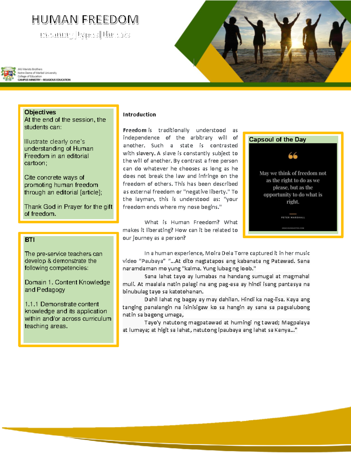 Lesson+5+Human+Freedom - Introduction Freedom is traditionally ...