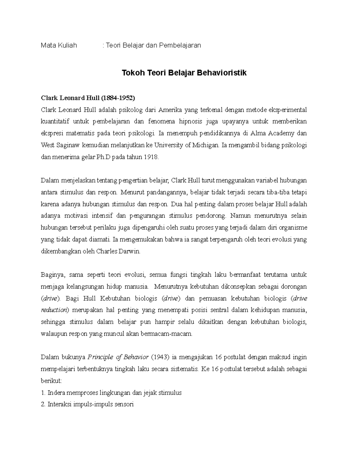 Tokoh Teori Belajar Behavioristik - Clark Leonard Hull - Mata Kuliah ...