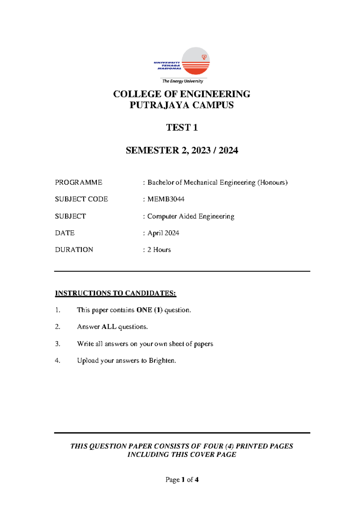 MEMB 3044 Test 1 Sem 2 20232024 - COLLEGE OF ENGINEERING PUTRAJAYA ...