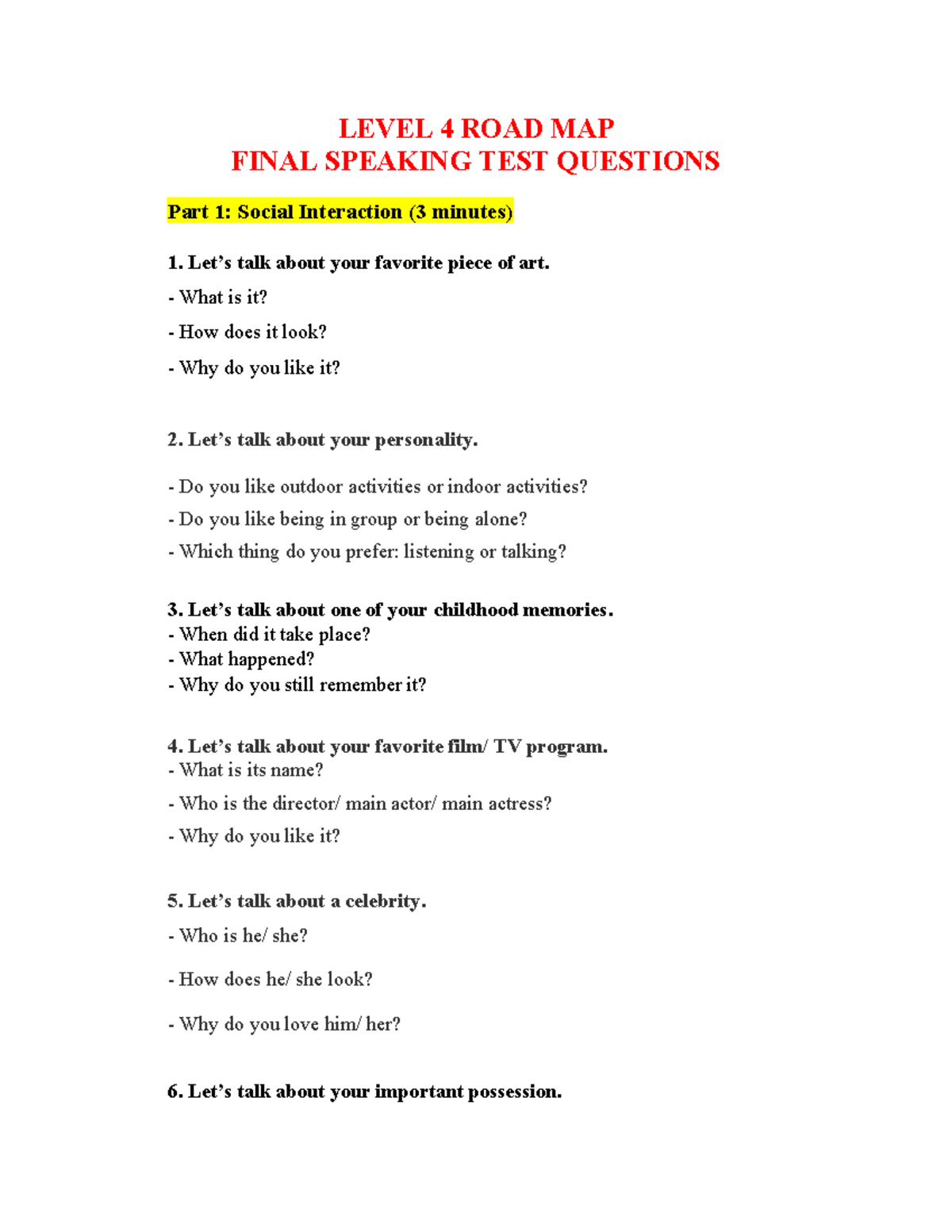 ENR402 Final EXAM Speaking Questions For students - LEVEL 4 ROAD MAP ...