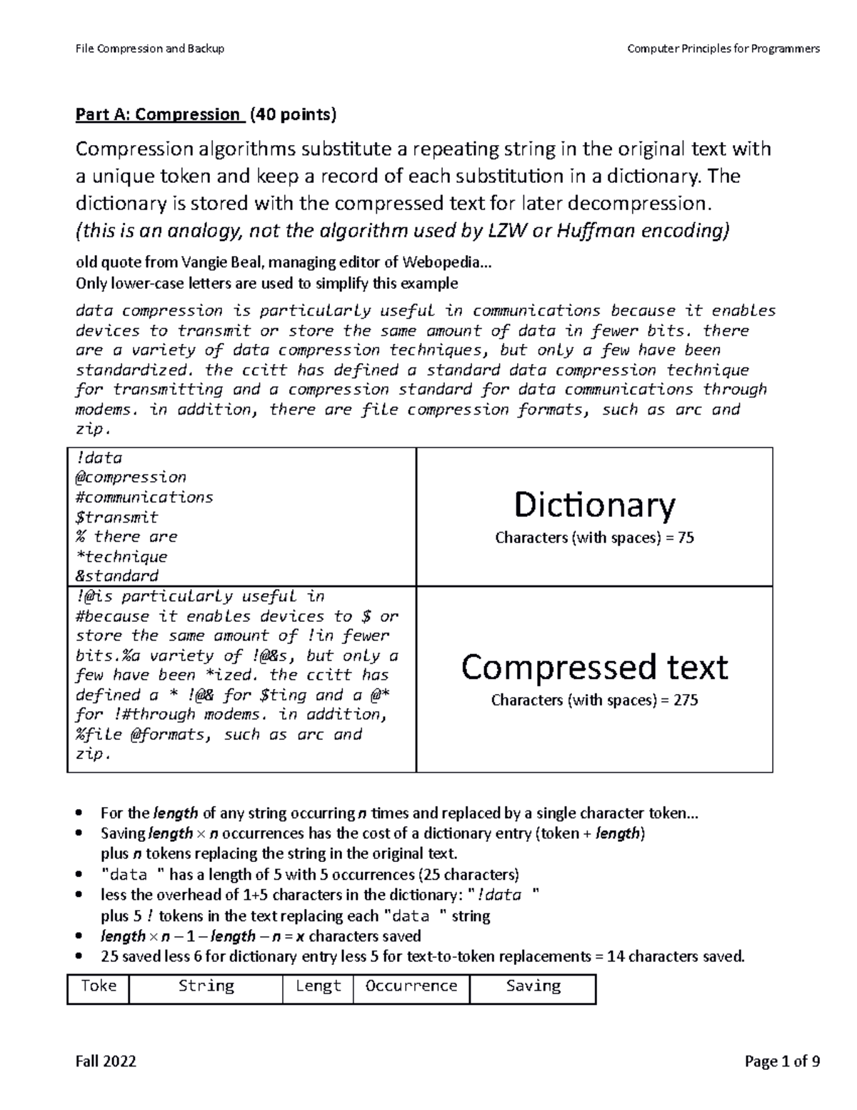CP4P Compression Backup Activity Instructions - Part A: Compression (40 points) Compression ...