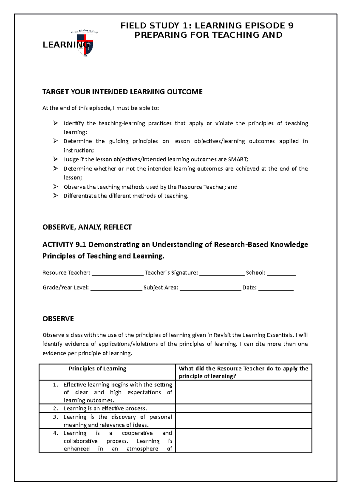 Fs1-episode-9 - free - PREPARING FOR TEACHING AND LEARNING TARGET YOUR ...