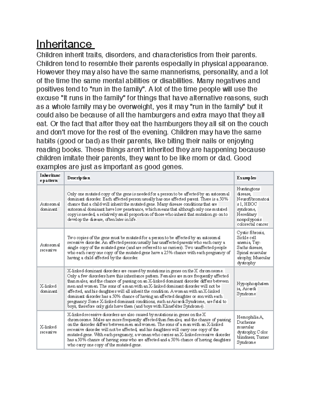Inheritance - Inheritance Children inherit traits, disorders, and ...