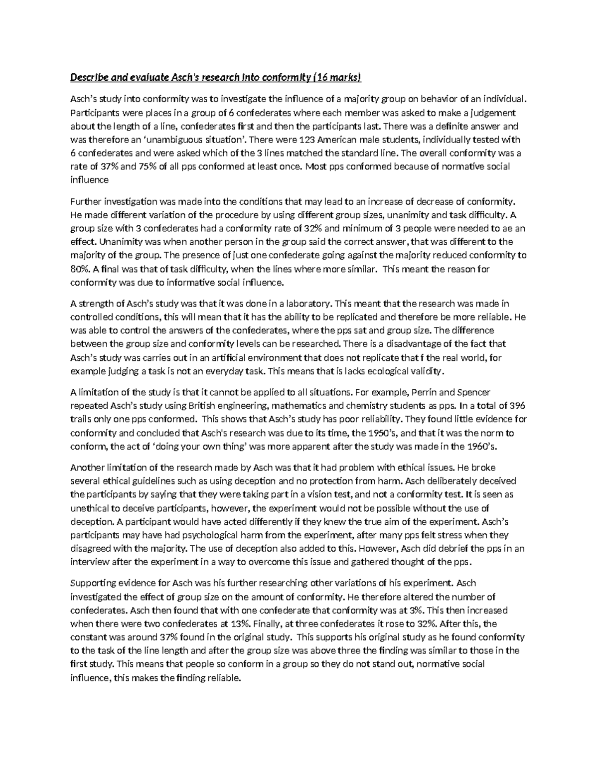 Hannah Asch 16 mark question - Describe and evaluate Asch's research ...