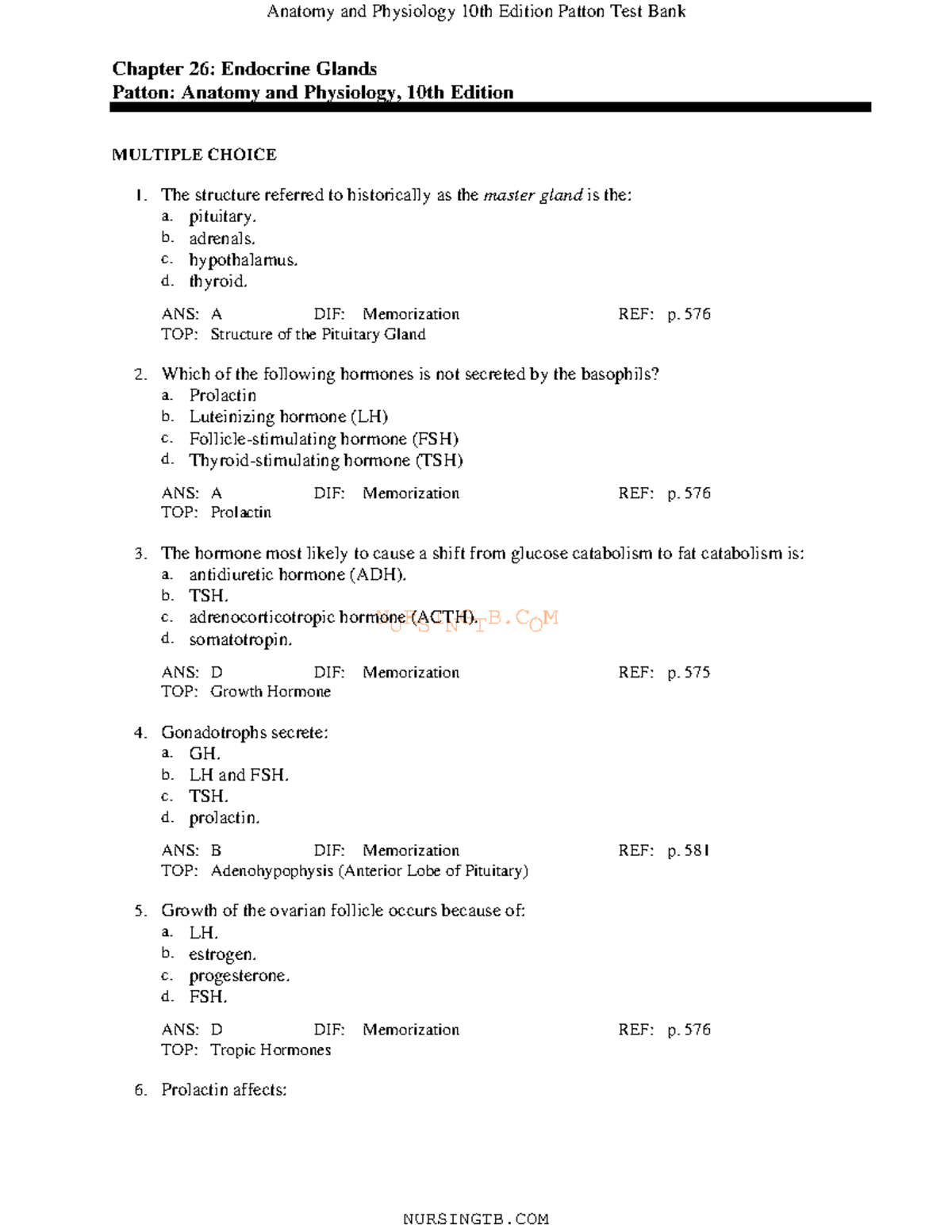AP 2 exam practice - NURSINGTB Chapter 26: Endocrine Glands Patton ...