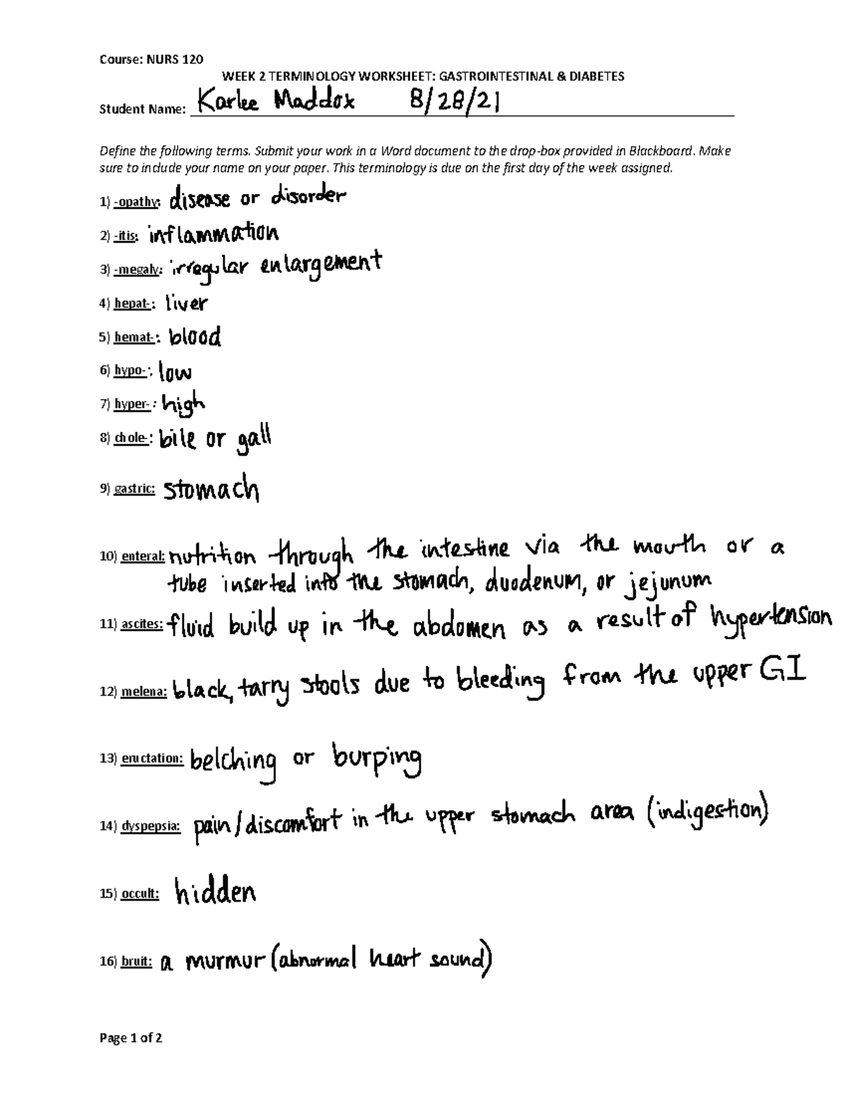Week 2 Terminology Worksheet - Course: NURS 120 WEEK 2 TERMINOLOGY ...