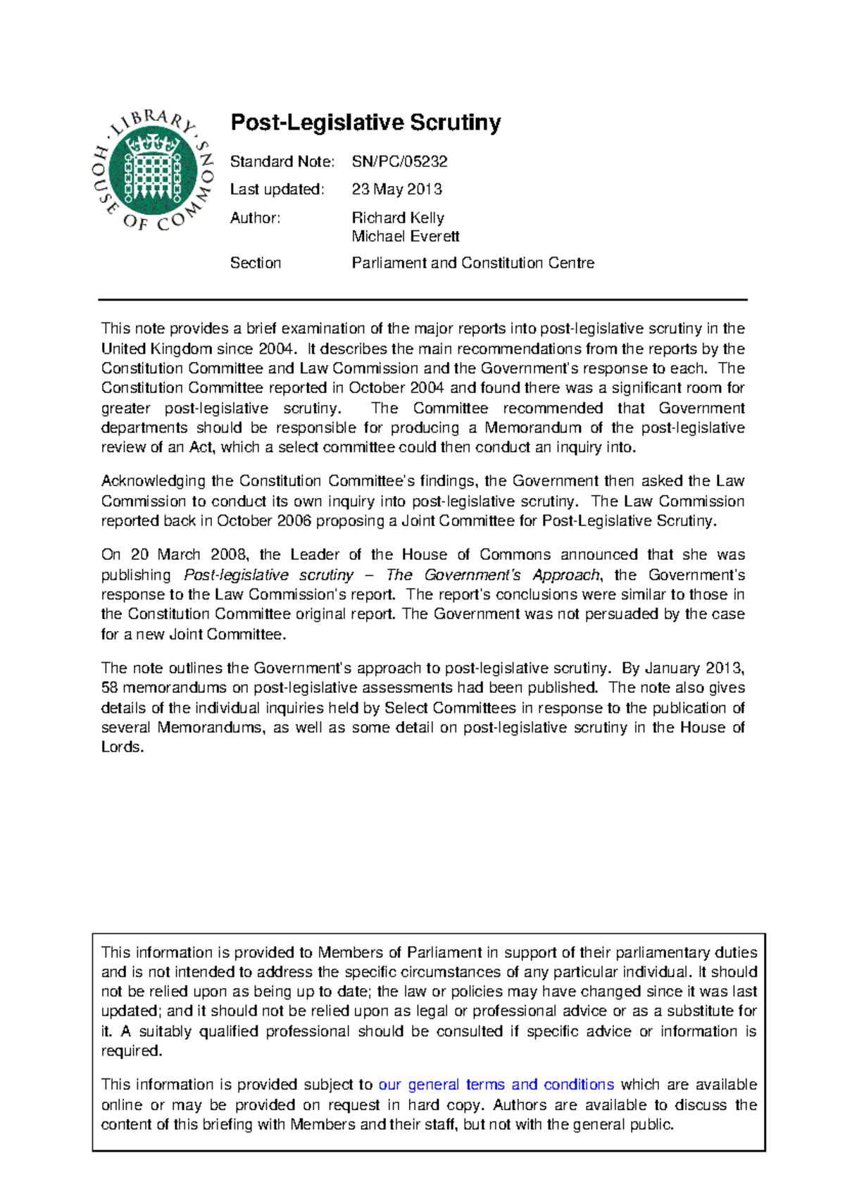 SN05232 - Post-Legislative Scrutiny Standard Note: SN/PC/ Last updated ...