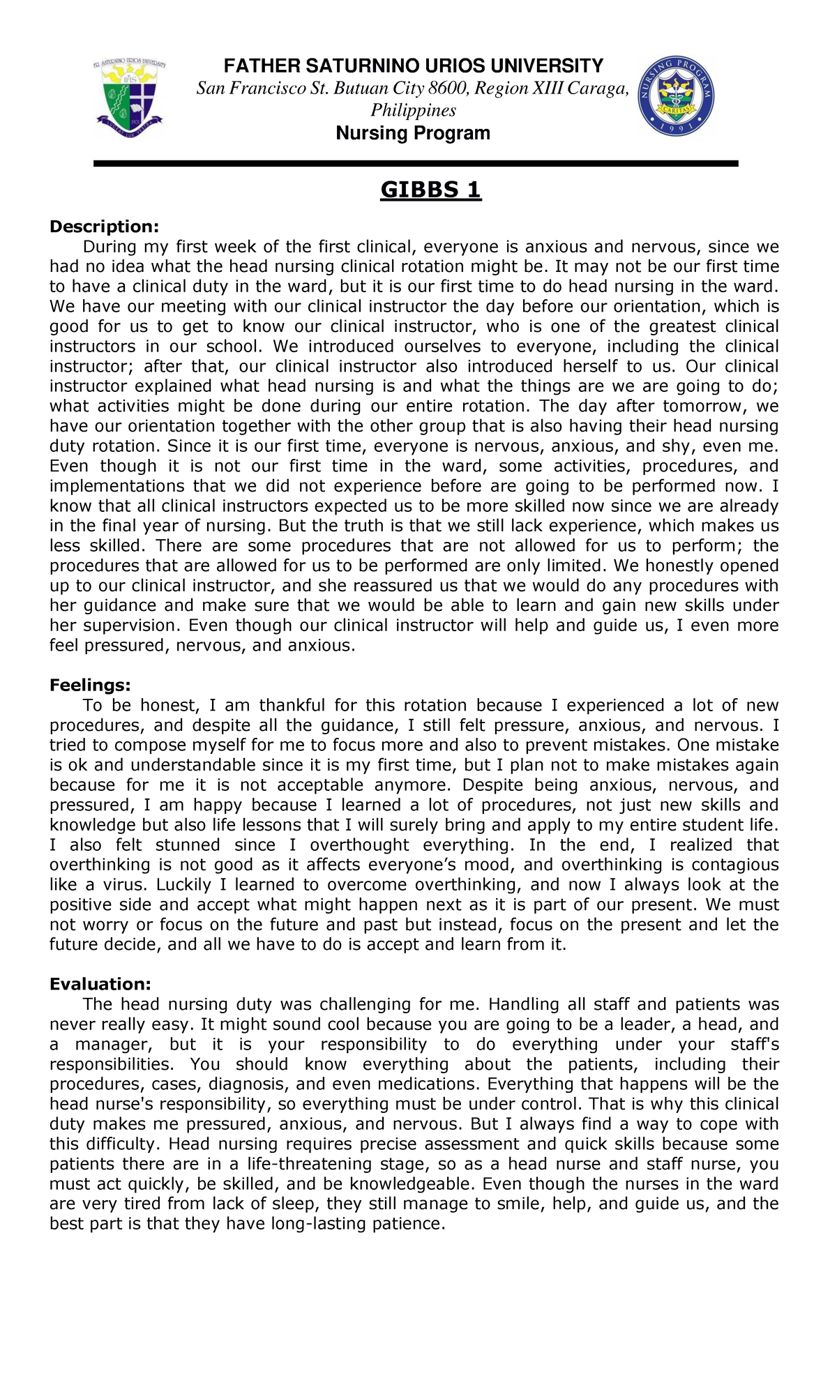 Gibbs HEAD Nursing ANDY - FATHER SATURNINO URIOS UNIVERSITY San ...