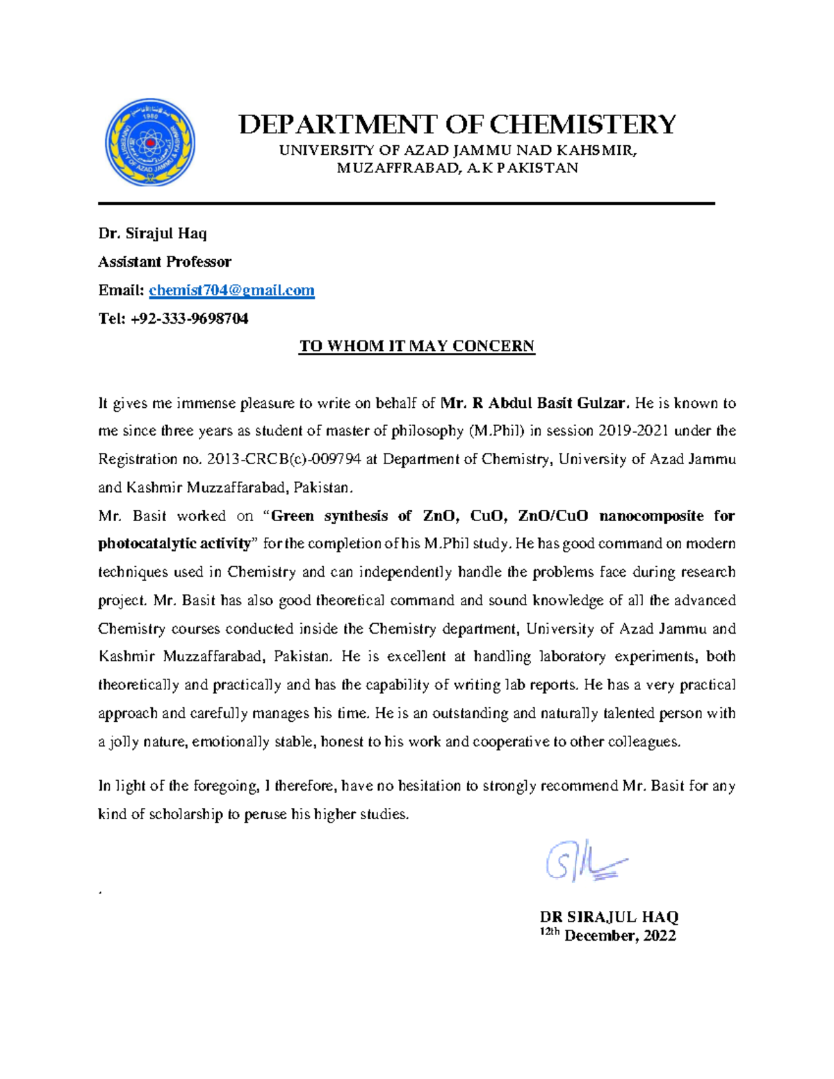 Reference letter Basit Gulzar - DEPARTMENT OF CHEMISTERY UNIVERSITY OF ...