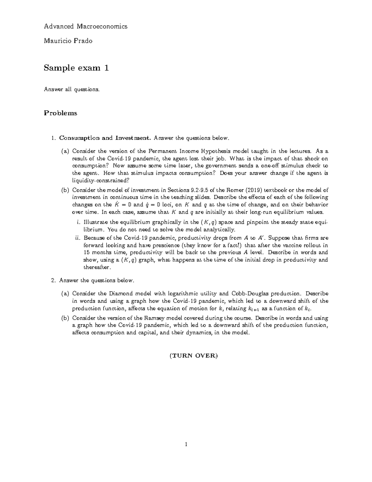 Sampleexam 1 - for 2021/2022 - Advanced Macroeconomics Mauricio Prado ...