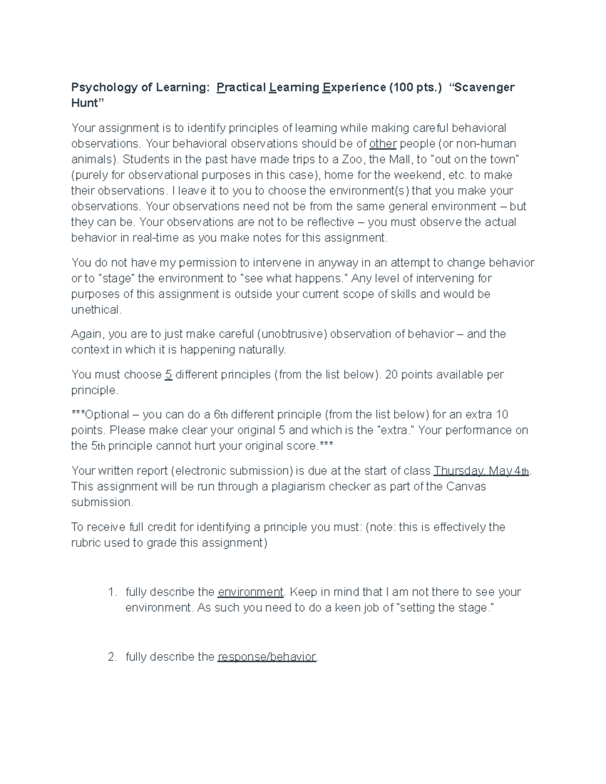 Psychology of Learning Practical Learning Experience (100 pts ...