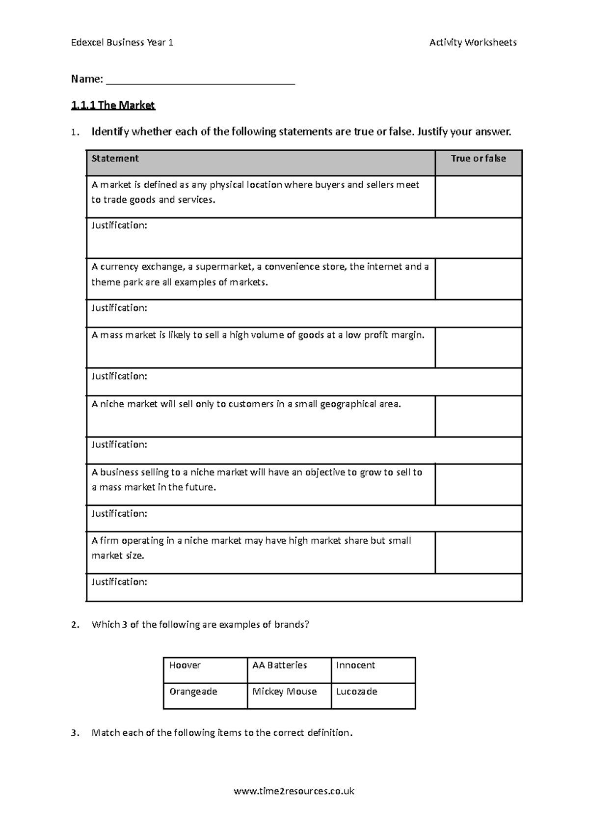1.1.1 The Market (worksheet) - Edexcel Business Year 1 Activity ...