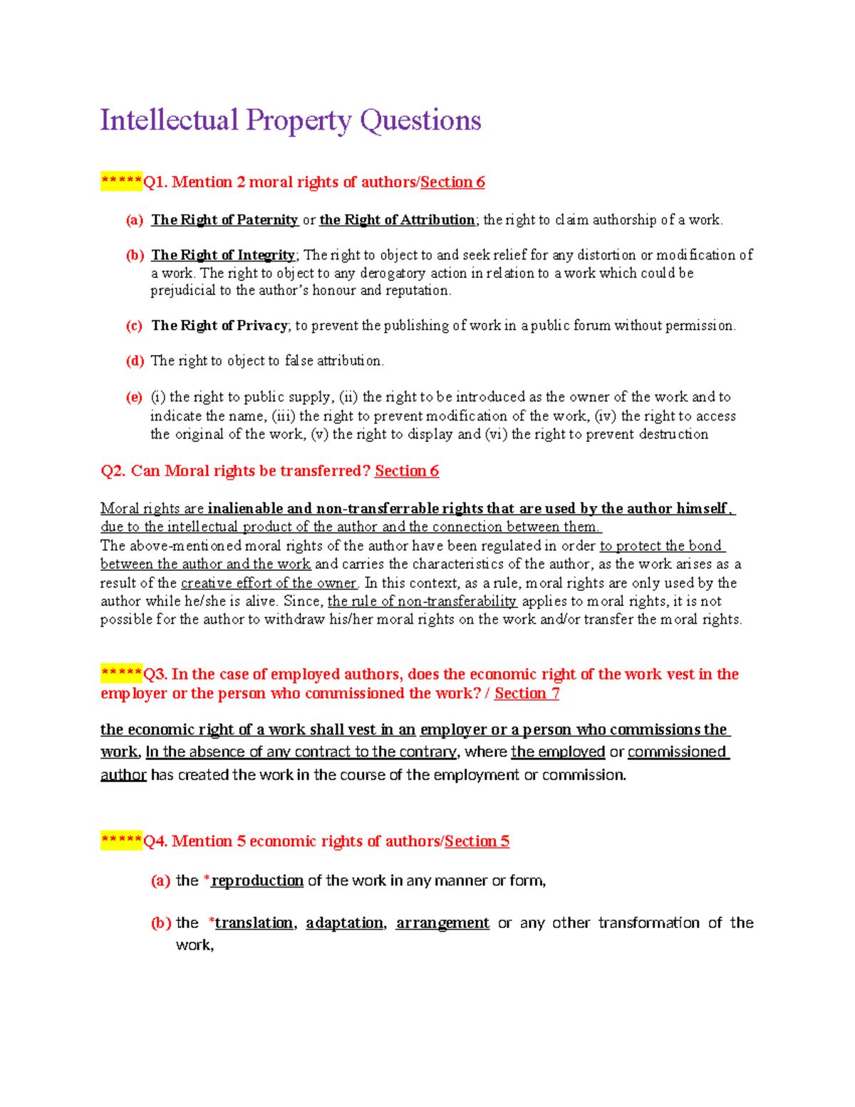 IPL IA Questions - Intellectual Property Questions *****Q1. Mention 2 ...