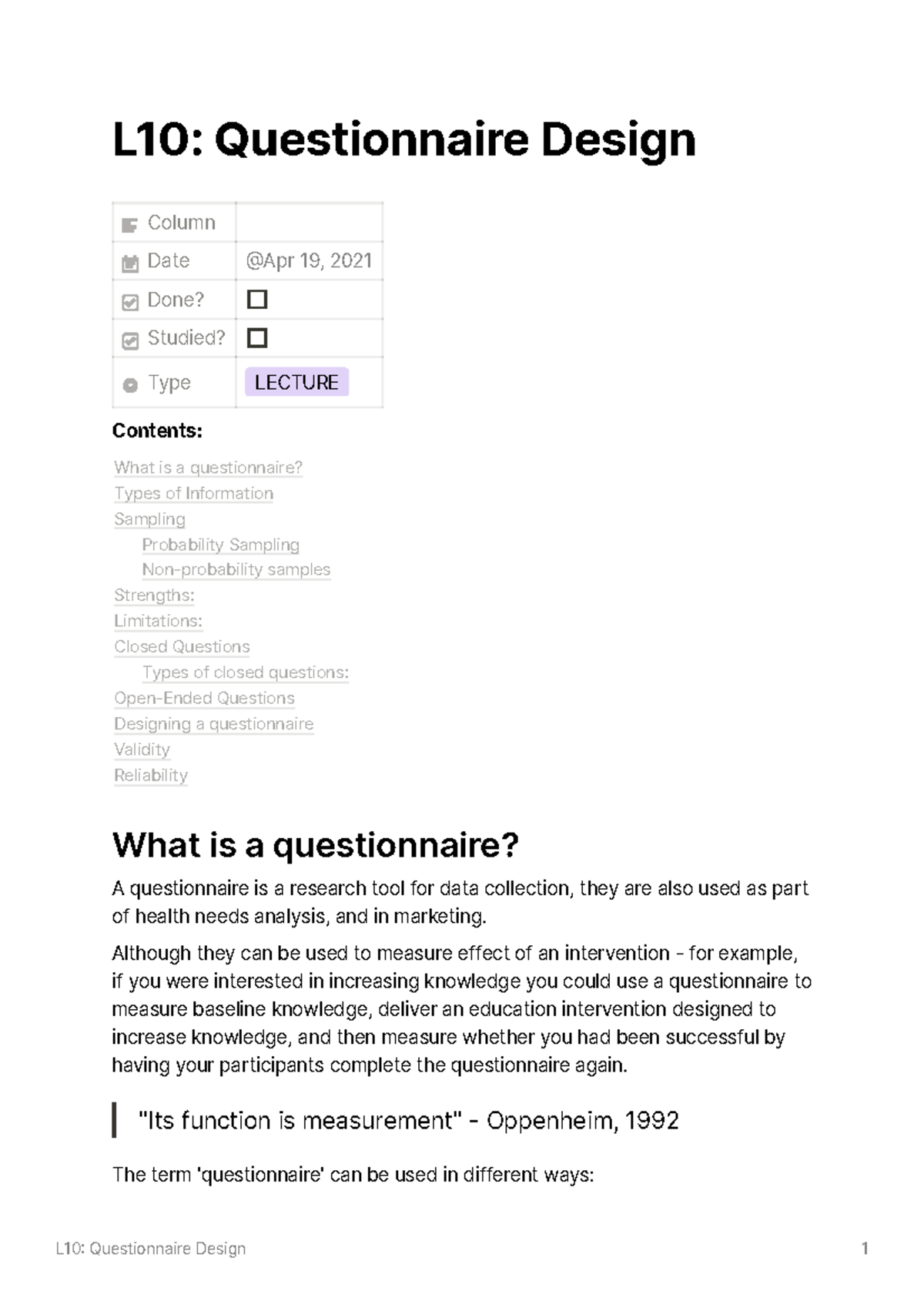 L10 Questionnaire Design - L10: Questionnaire Design Column Date Done ...