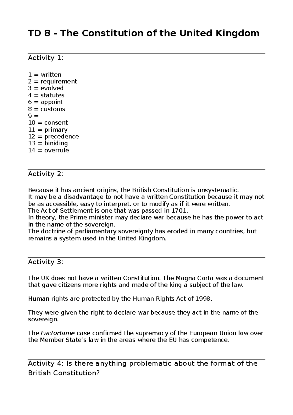 TD 8 - The British Constitution - TD 8 - The Constitution of the United ...