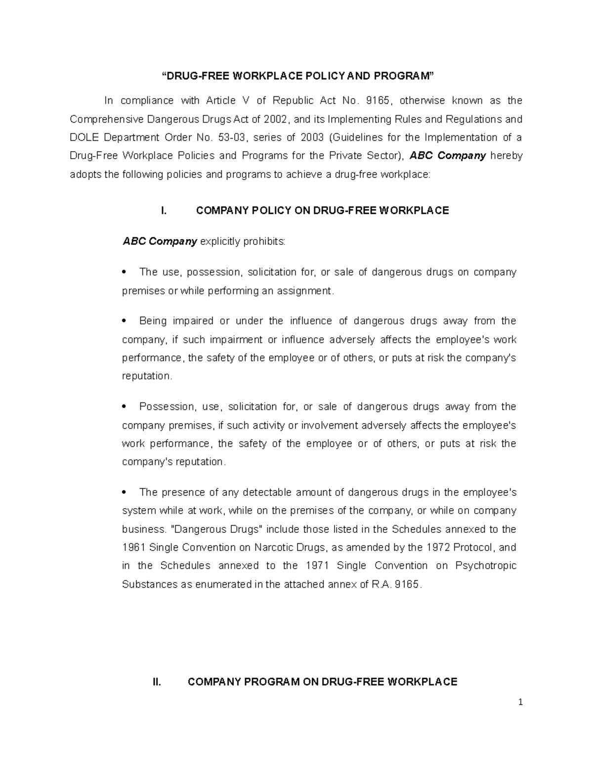 DRUG FREE workplace policy program - “DRUG-FREE WORKPLACE POLICY AND ...