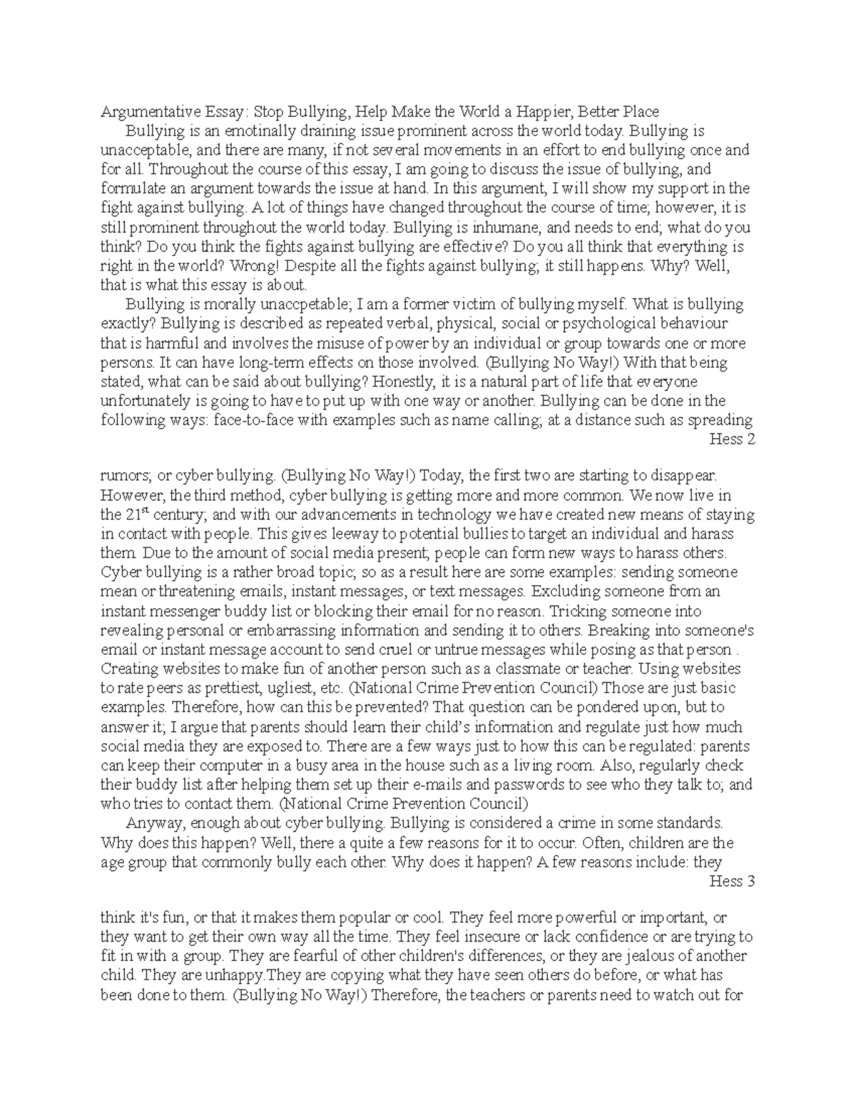 Argumentative Essay Samples - Argumentative Essay: Stop Bullying, Help ...