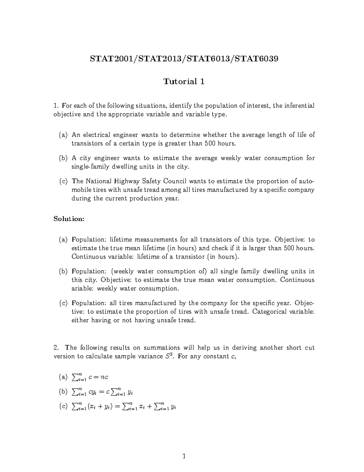 Solution of Tutorial 1 - STAT2001/STAT2013/STAT6013/STAT Tutorial 1 For each of the following ...