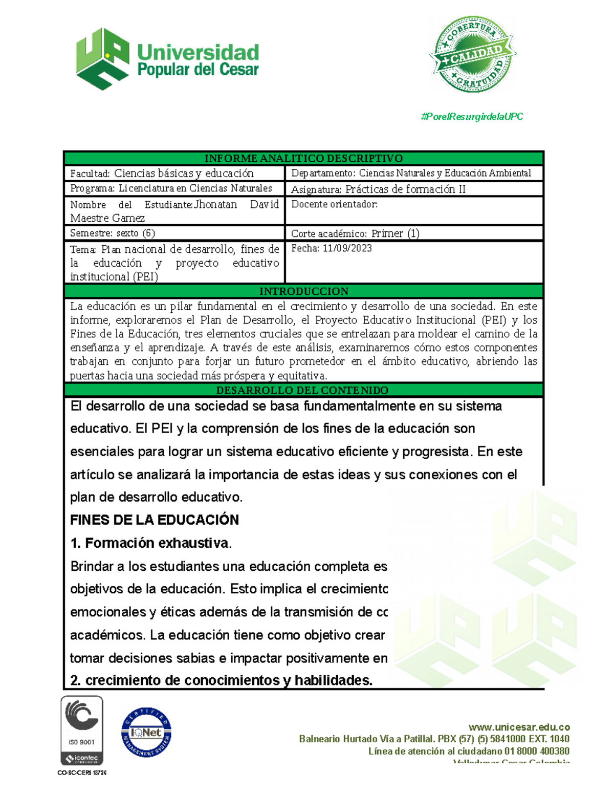 Formato Informe Descriptivo - INFORME ANALITICO DESCRIPTIVO Facultad ...