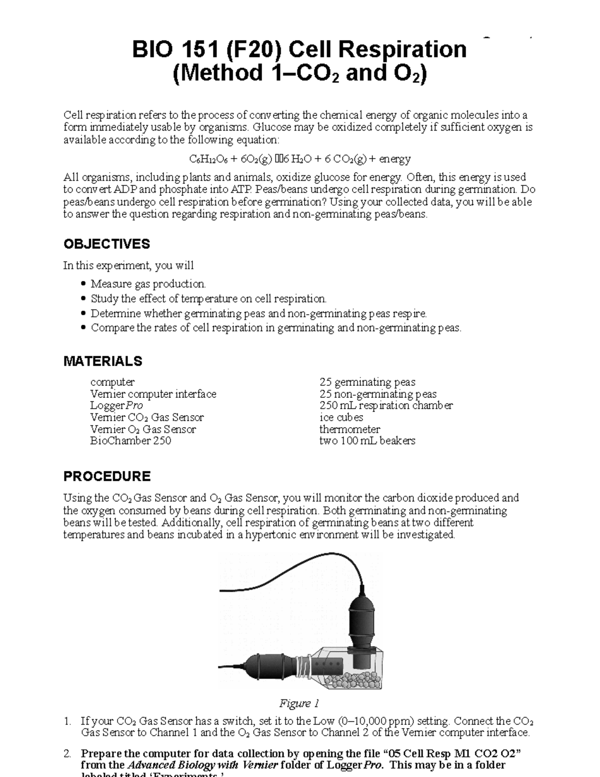 BIO151.05 Cell Respiration (CO2 and O2) - Computer BIO 151 (F20) Cell Respiration (Method 1–CO 2 ...
