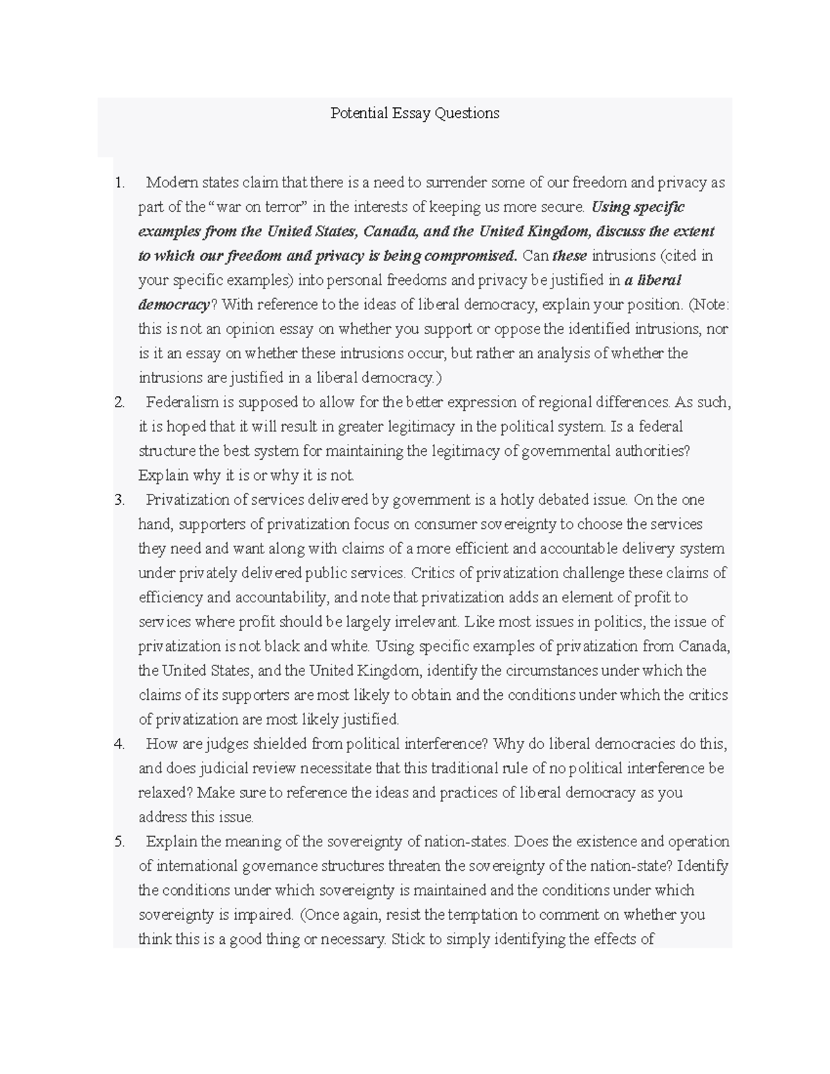 Potential Essay Questions - Potential Essay Questions Modern states ...