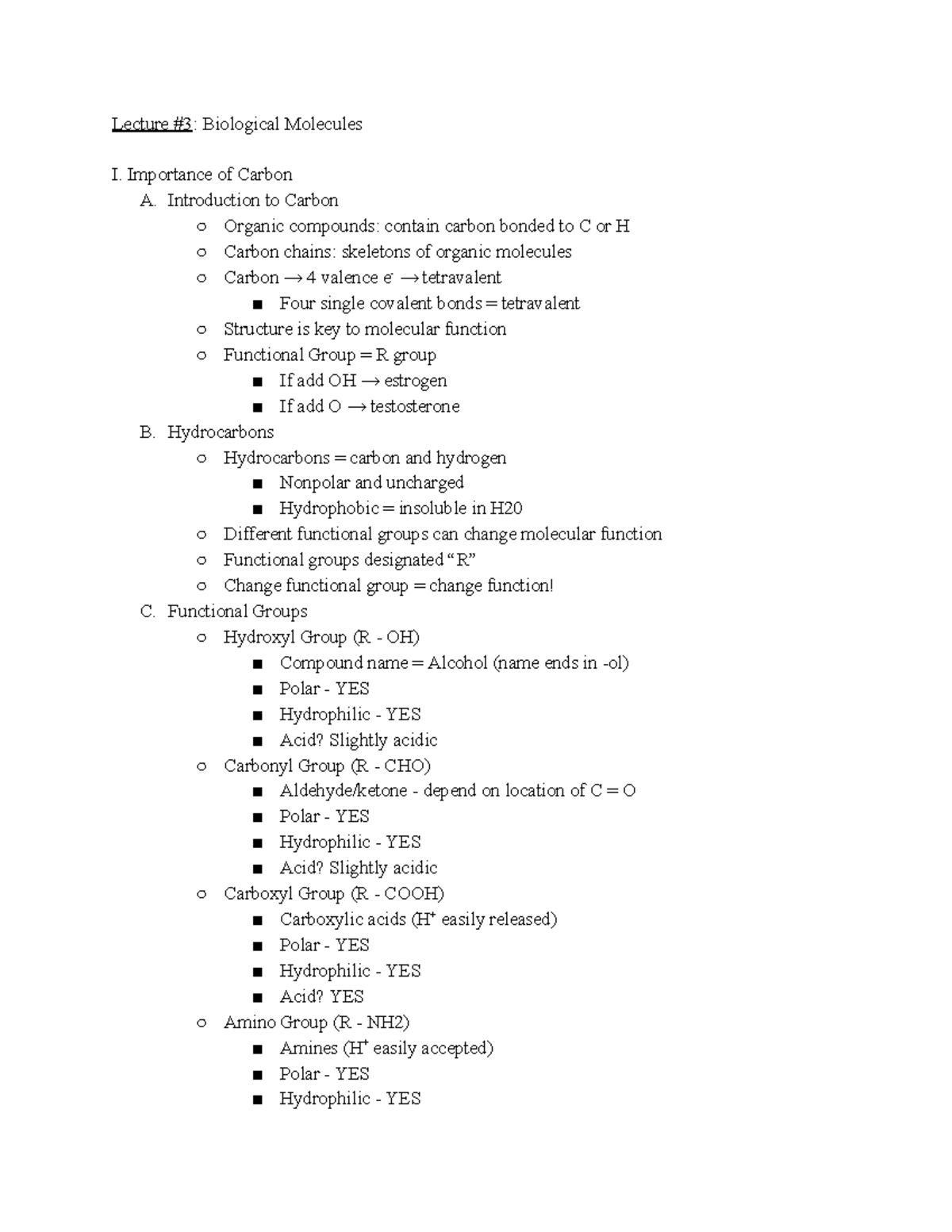 Lecture 3 Notes - Lecture #3 : Biological Molecules I. Importance of ...