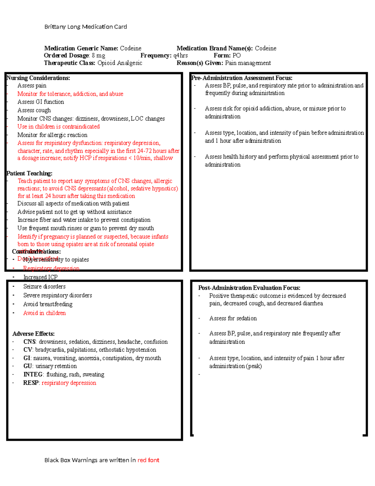BL med card - n/a - Medication Generic Name: Codeine Medication Brand ...