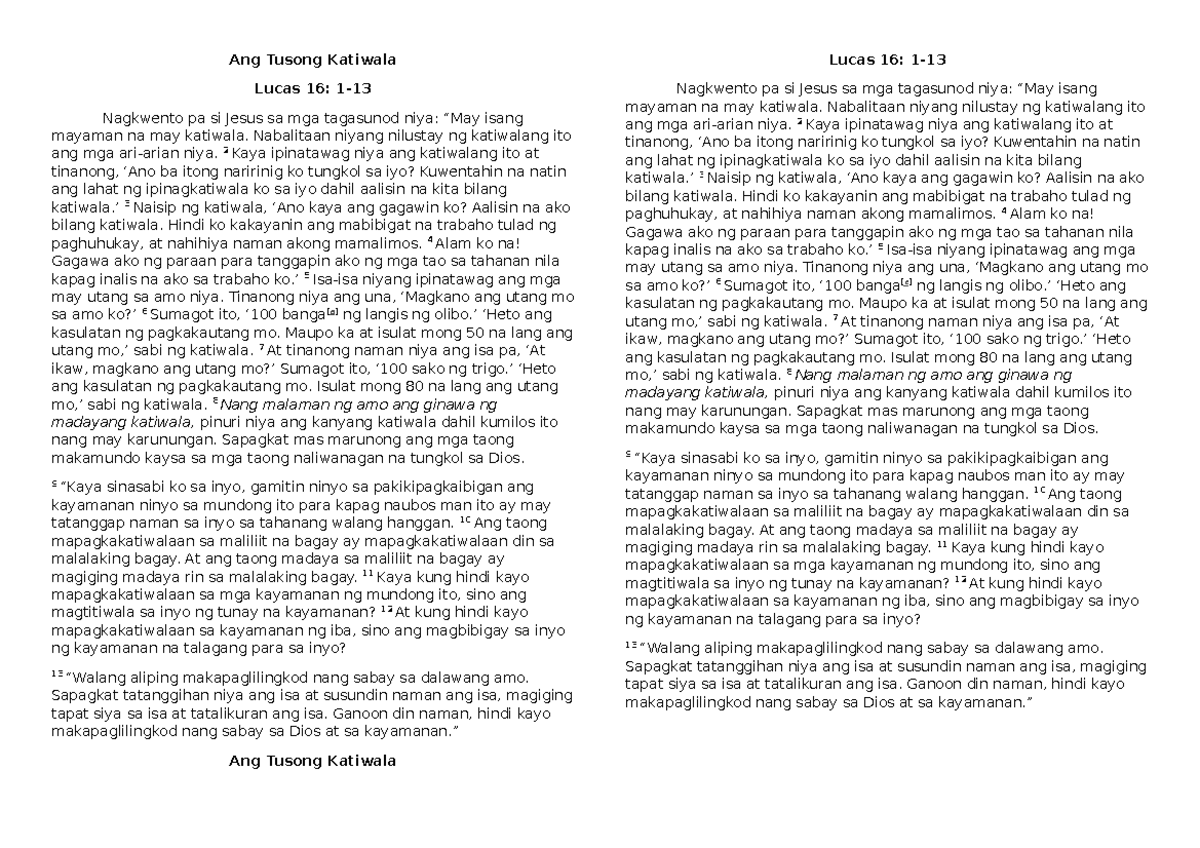 Ang Tusong Katiwala - panitikan - Ang Tusong Katiwala Lucas 16: 1 ...